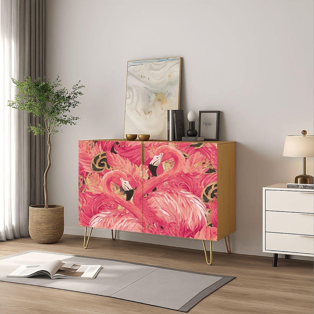 Flamingos Art Wooden Storage Cabinet, Wildlife Accent Furniture, Modern ...