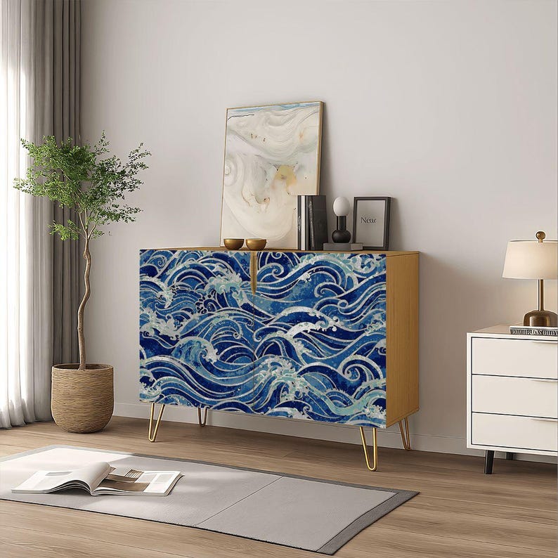 Ocean Waves Modern Wooden Storage Cabinet, Coastal Home Accent ...