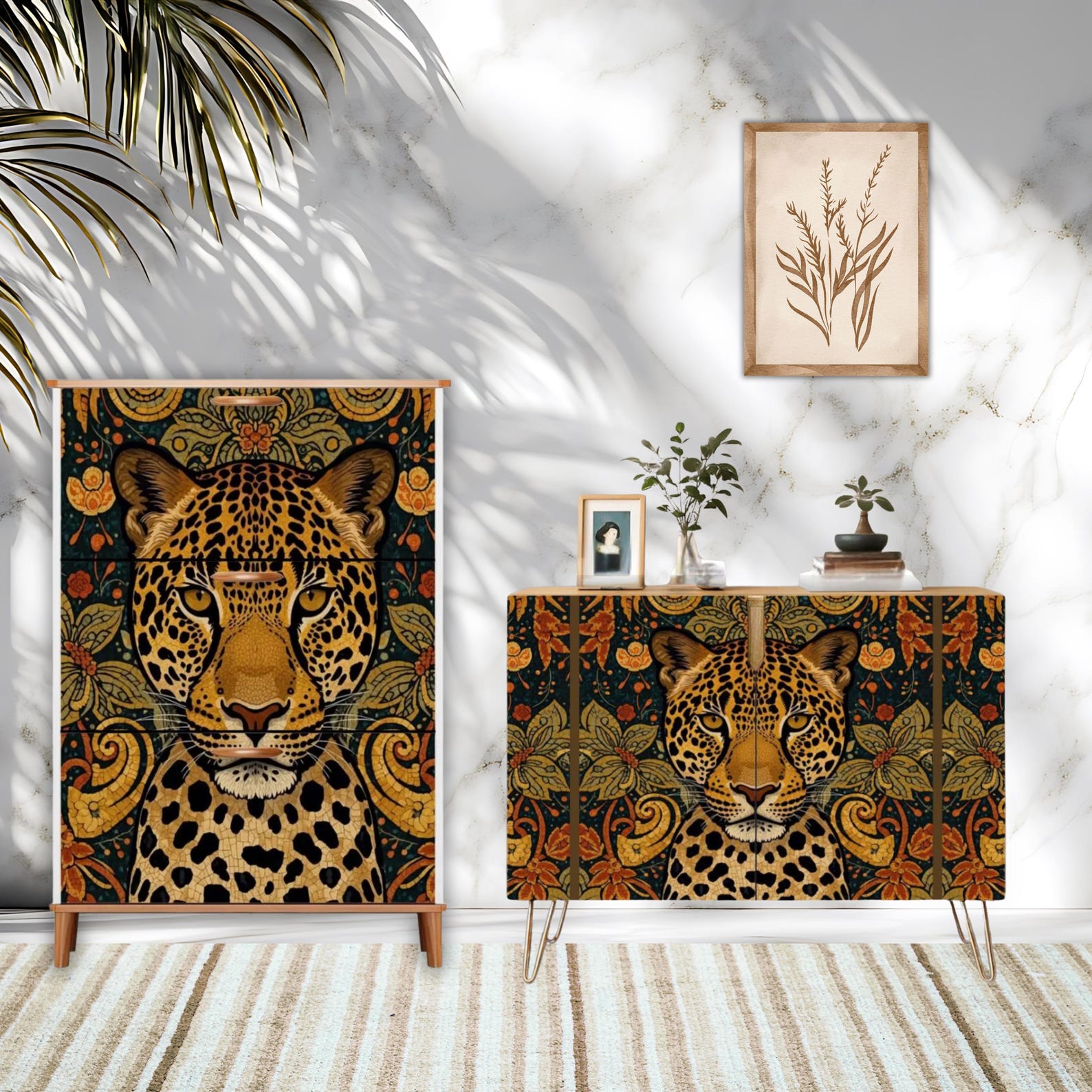 Leopard Art Wooden Storage Cabinet, Wildlife Accent Furniture, Modern ...
