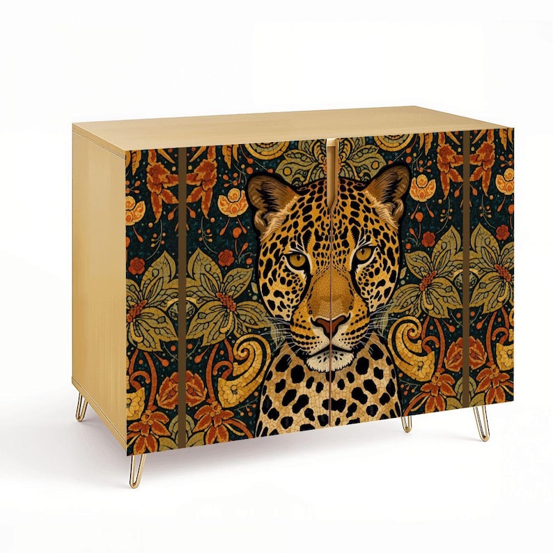 Leopard Art Wooden Storage Cabinet, Wildlife Accent Furniture, Modern ...