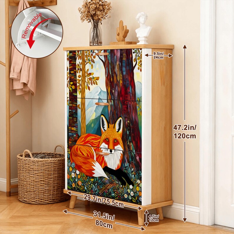 Folk Art Fox Shoe Storage Cabinet, Space Saving Shoe Organizer ...
