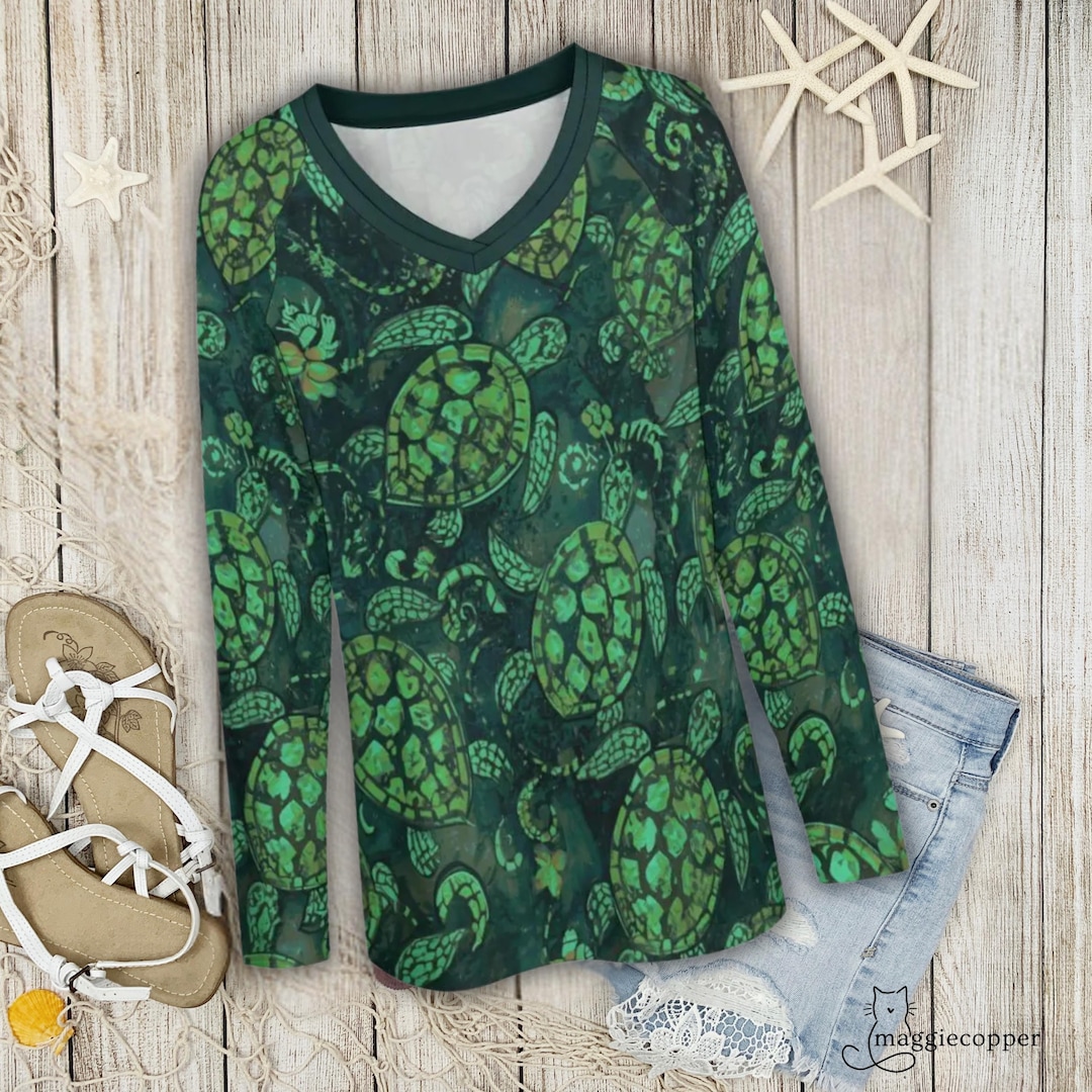 Turtle Art Women's Long Sleeve Loose Fit V-neck T-shirt | Beachy Soft ...