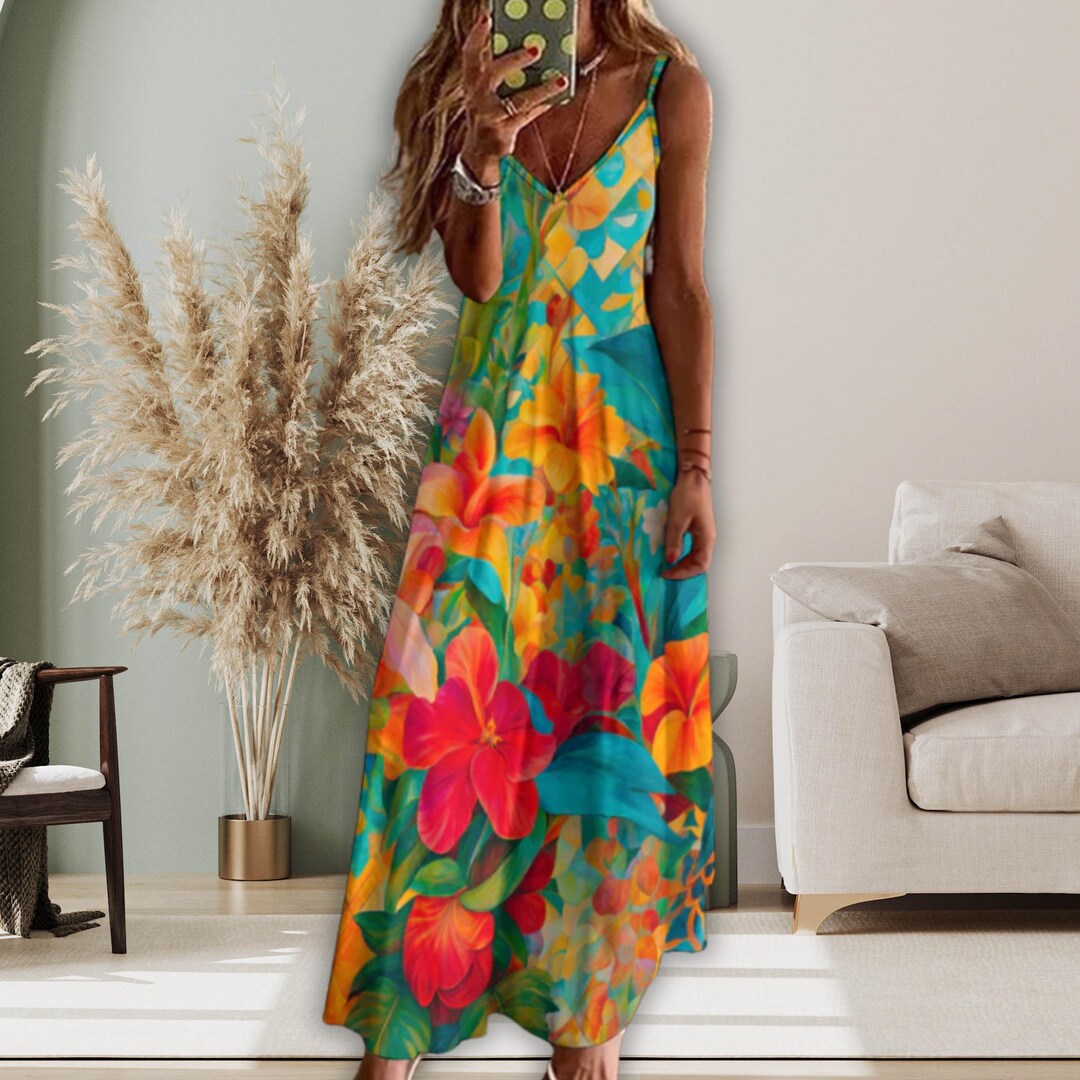 Aruba Island Floral Maxi Dress Casual Ankle Length Sling Dress Cruise ...