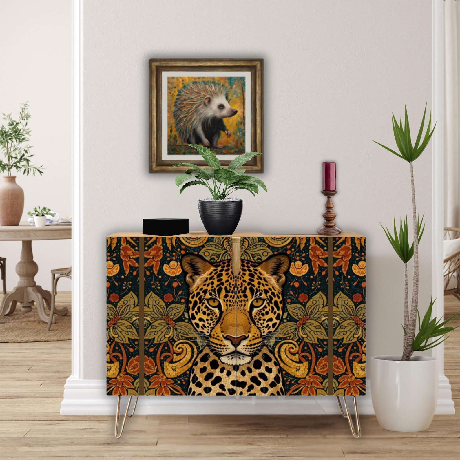 Leopard Art Wooden Storage Cabinet, Wildlife Accent Furniture, Modern ...