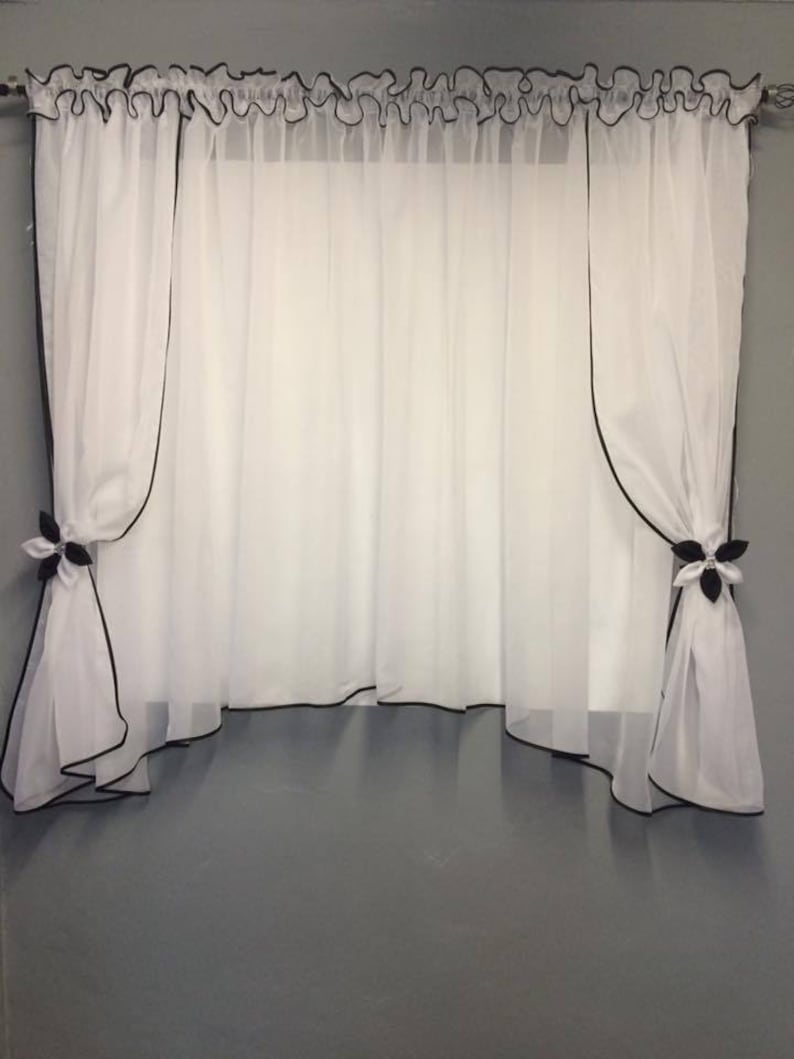 White Voile Net Curtain With Flowers Ready Made - Etsy