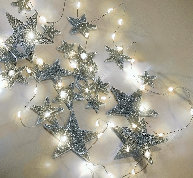 50 Silver Floating Stars- Sparkling Large Sizes- Fills 4 Medium Size ...
