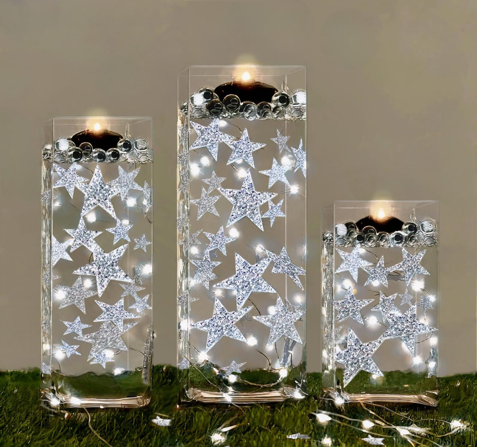 50 Silver Floating Stars- Sparkling Large Sizes- Fills 4 Medium Size ...