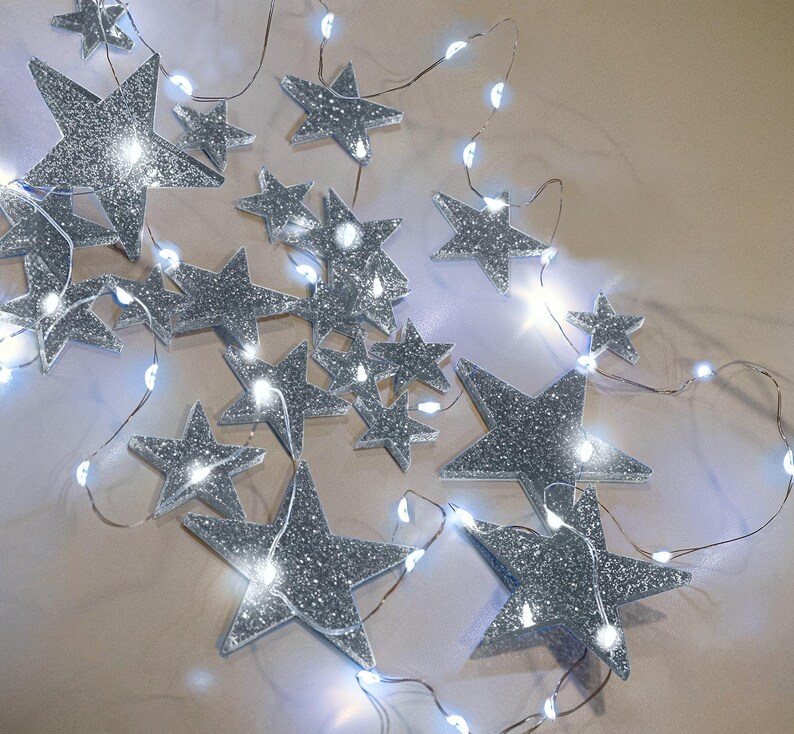 50 Silver Floating Stars- Sparkling Large Sizes- Fills 4 Medium Size ...
