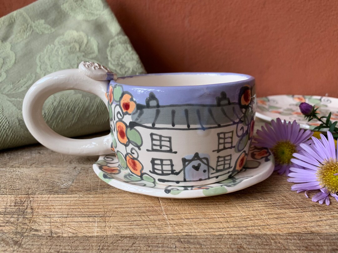 Tea Cup and Saucer, Coffee Cup, Pottery Mug, Cottage Style, Birthday ...