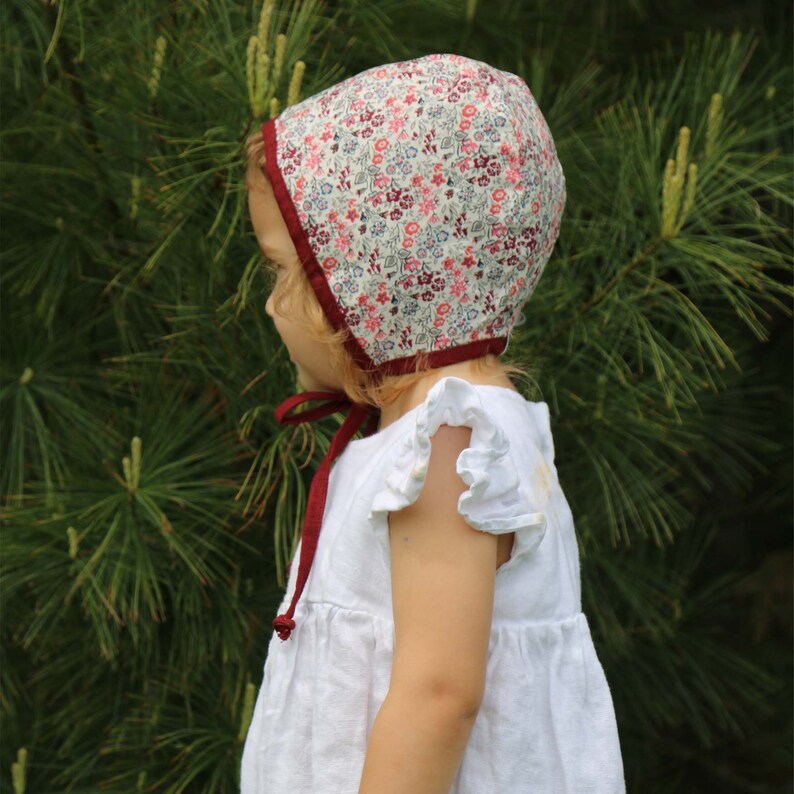 Dark Red Linen Baby Bonnet With Poppy Florals Evy Collection - Etsy