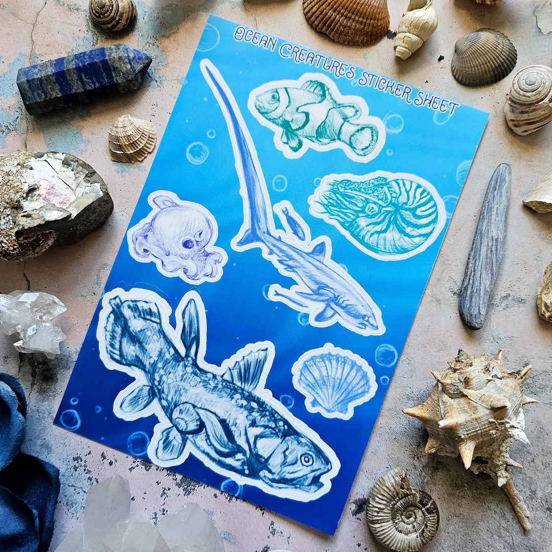 Ocean Creatures Sticker Sheet | Vinyl Waterproof Hand-made | Coelacanth ...
