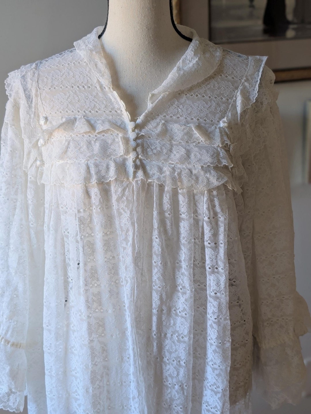 Vintage 70s White Sheer Lace Robe Ruffle Detail, Romantic Bridal ...