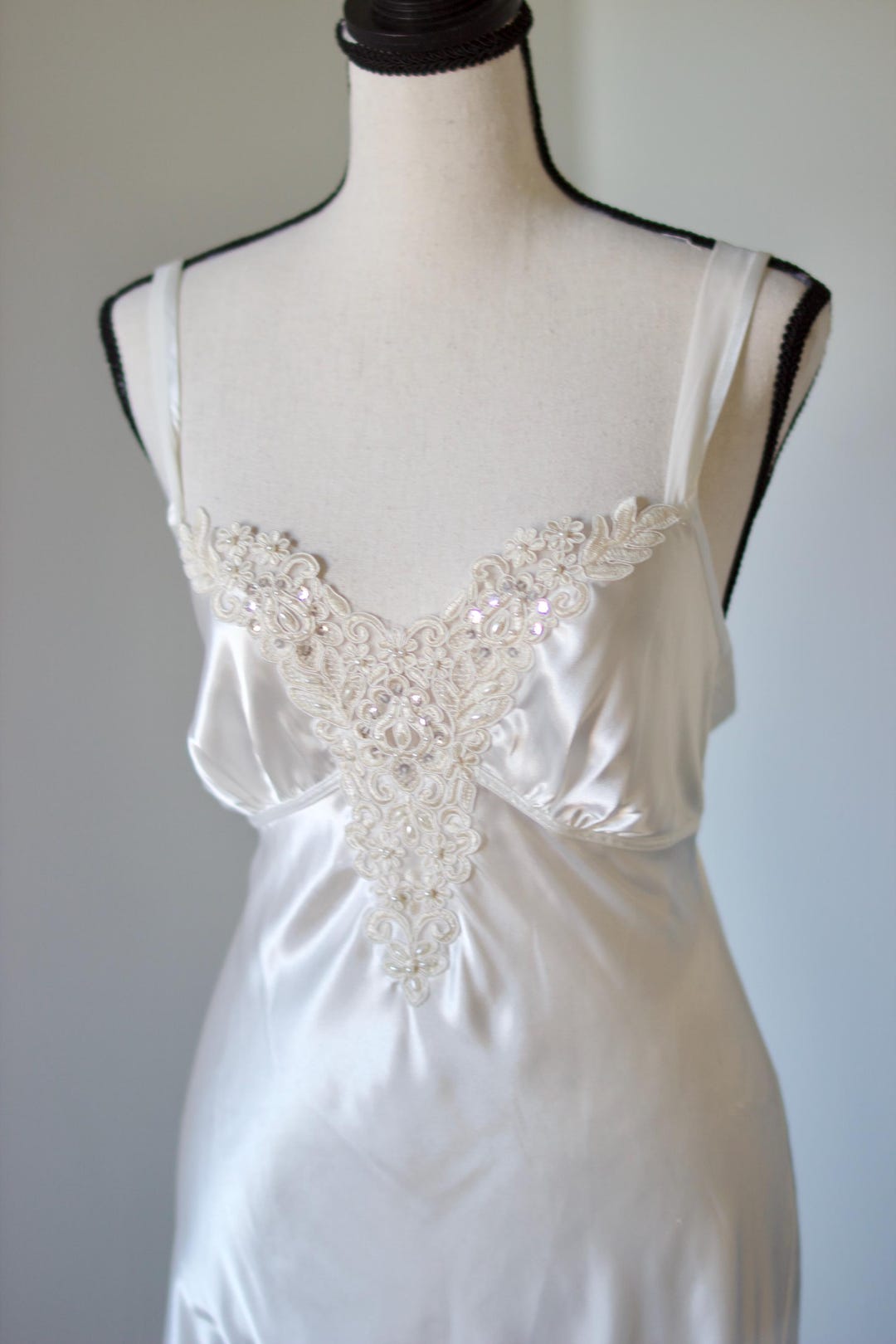 Vintage Linea Donatella White Satin Mini Slip Dress & Robe Set, Beaded ...