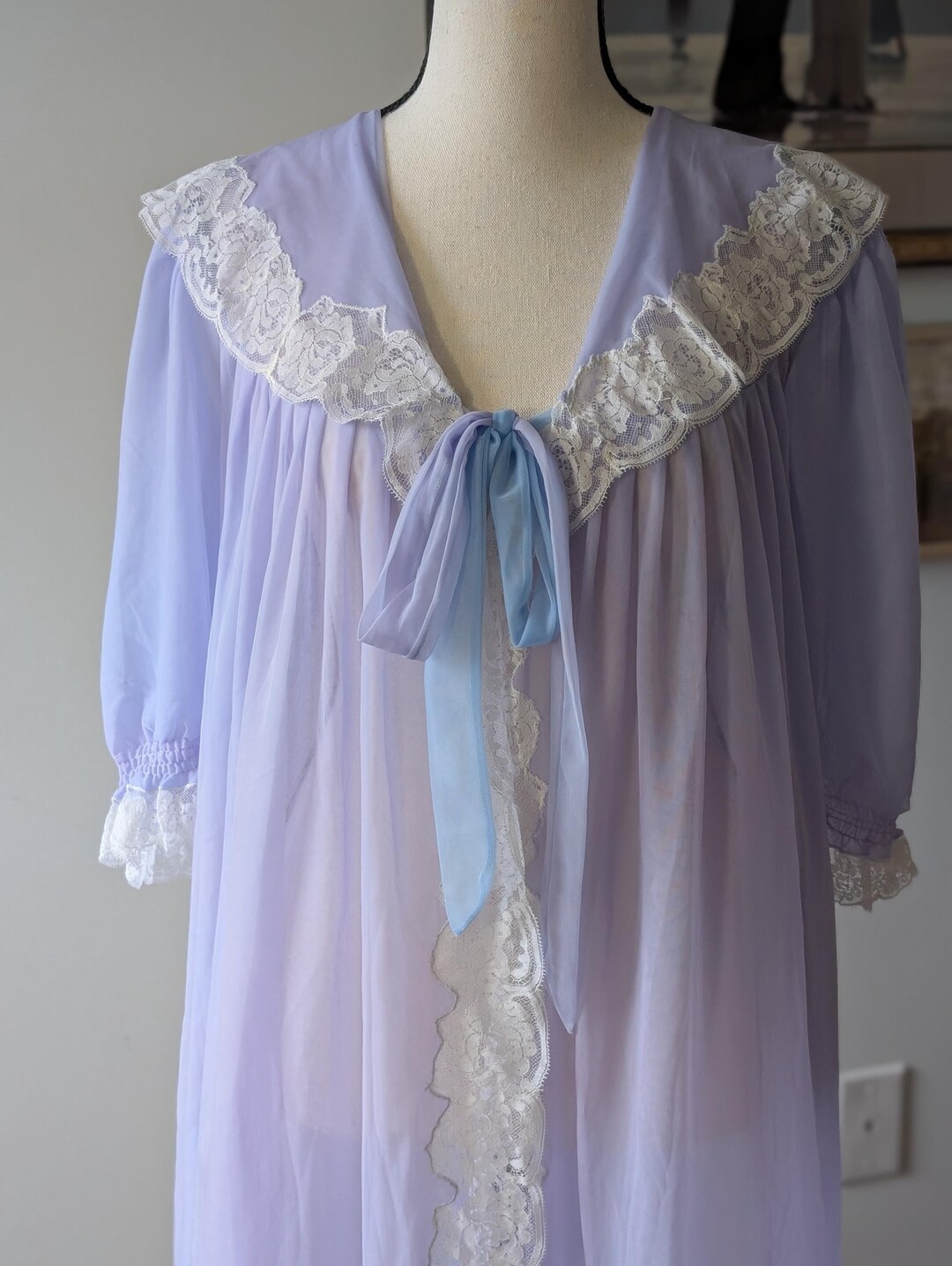 Vintage 60s Sheer Periwinkle Blue Robe With White Lace Trim – Elegant ...