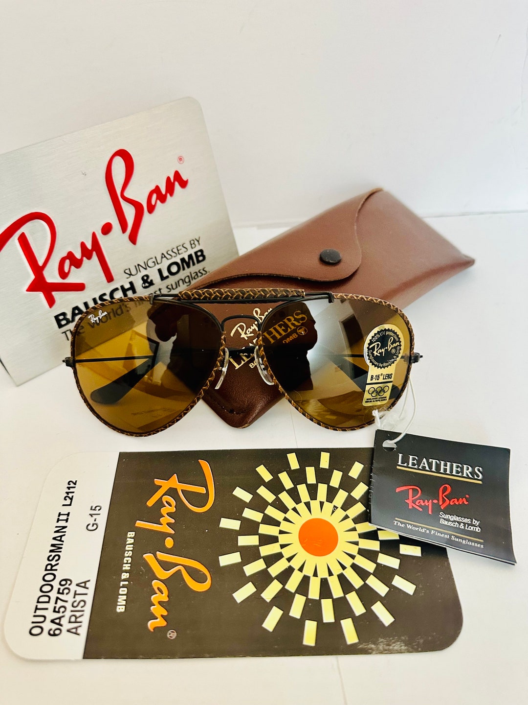 New Old Stock 62m Aviator Leather Brown B15 Ray Ban Bausch / Lomb Ray ...