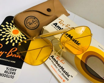 58m New Old Stock Vintage Aviator Outdoorsman Ambermatic Ray Ban USA BL ...
