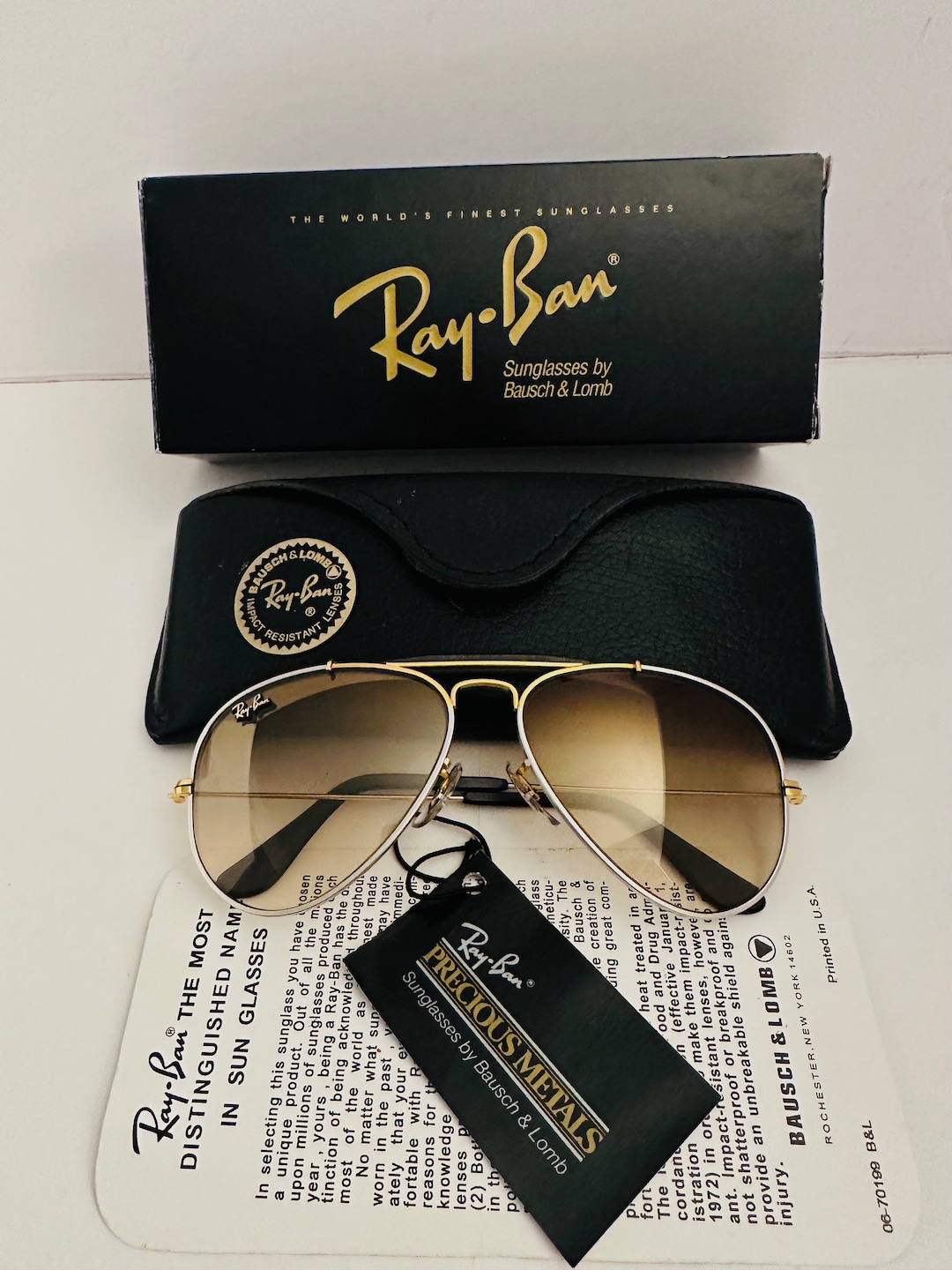 New Old Stock 58mm Vintage Aviator Ray Ban Precious Metal Sunglasses Brown Gradient Mirrored ...