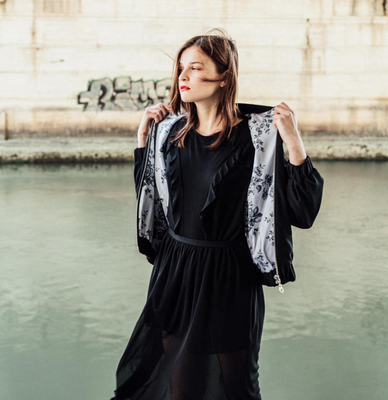 Black Bomber Jacket With Rose Print Lining, Edgy Punk Pop Jacket With a ...
