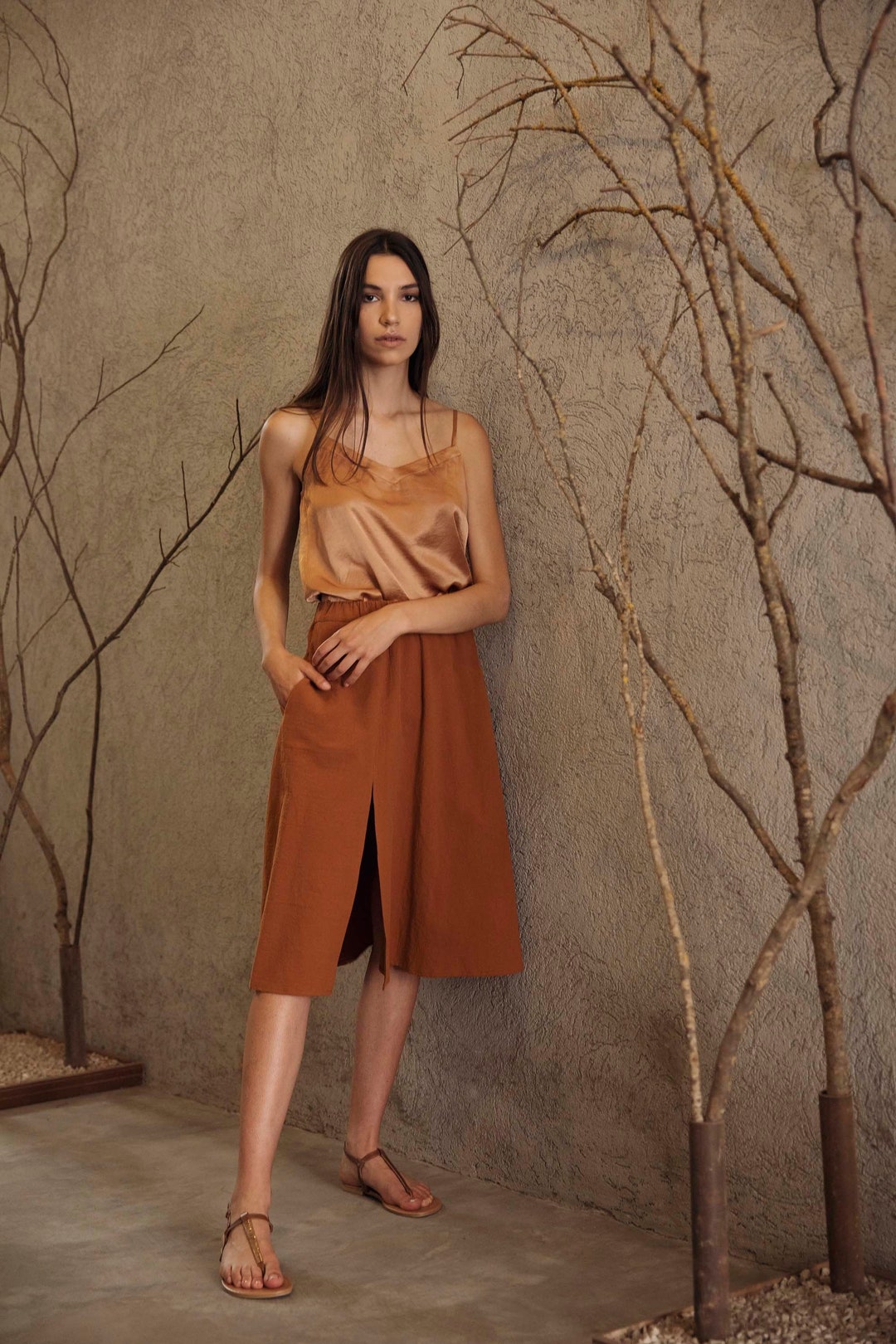 Cotton Skirt in Rust Shade With Split, Pockets and Elastic Belt - Etsy