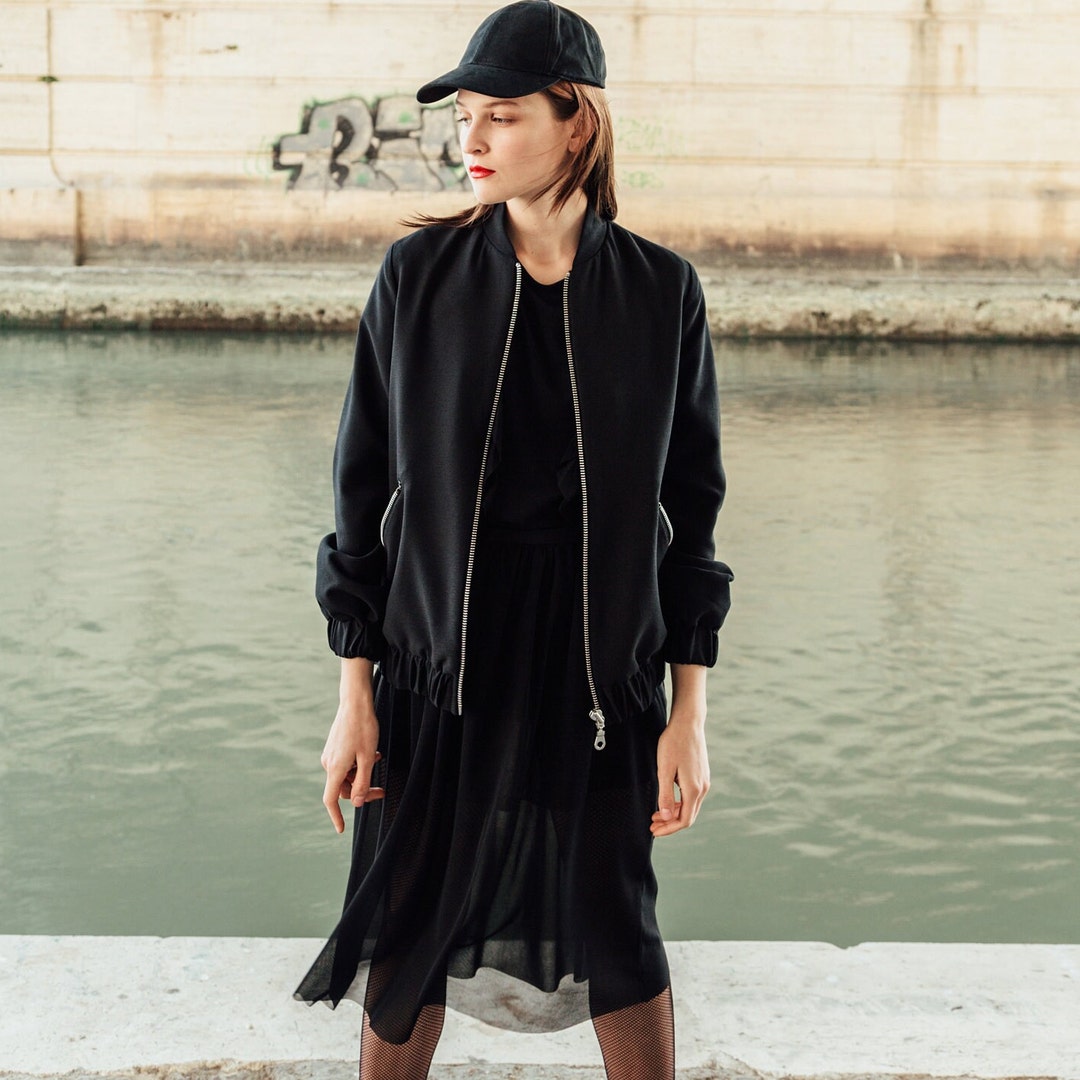 Black Bomber Jacket With Rose Print Lining, Edgy Punk Pop Jacket With a ...
