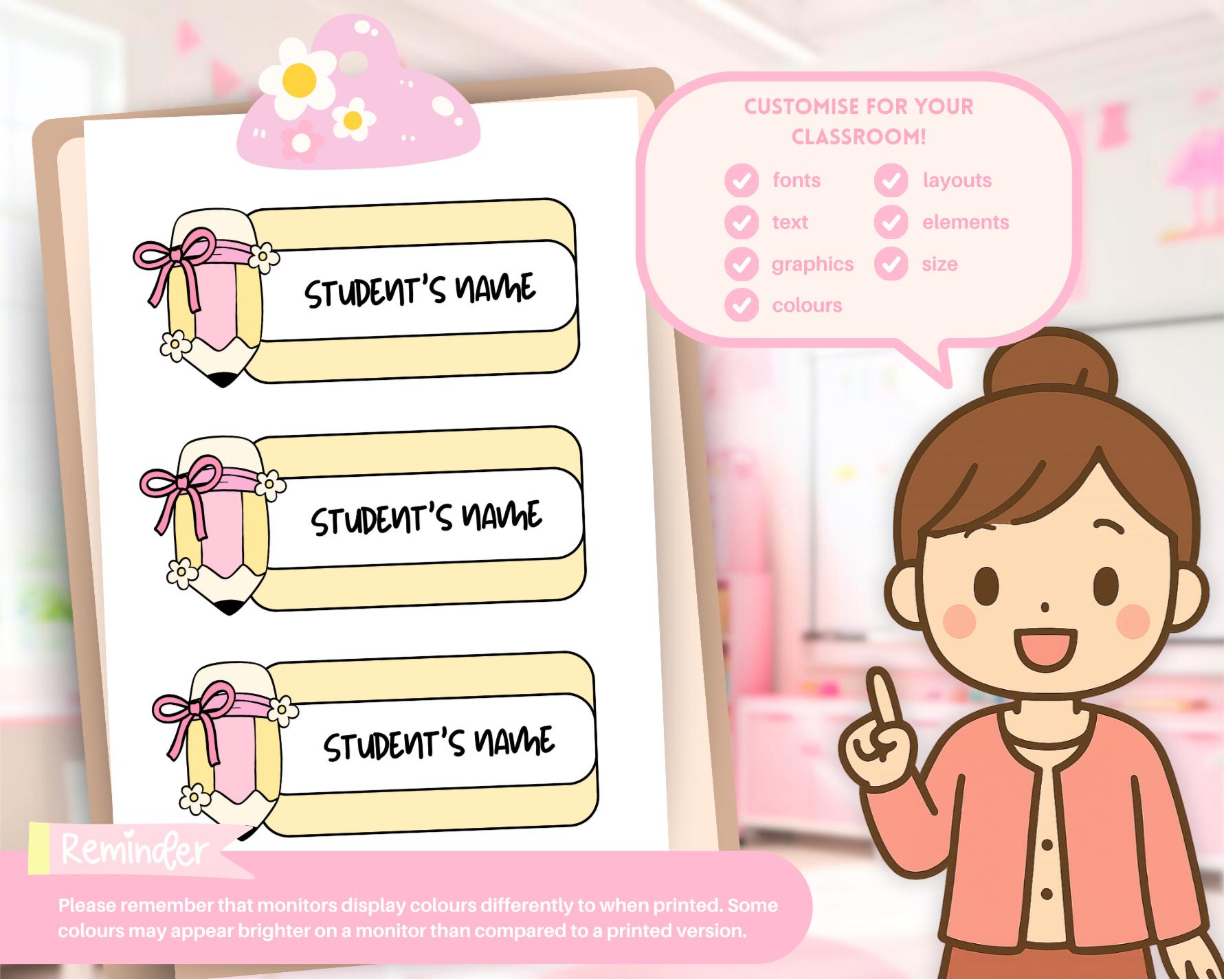 Cute Coquette Bow Name Tags Printable Classroom Bulletin Board and ...