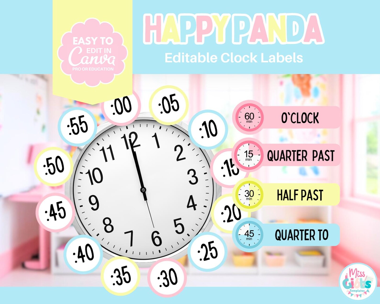 Pastel Classroom Clock Labels Modern Classroom Decor Labels Telling the ...