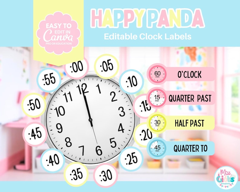 Pastel Classroom Clock Labels Modern Classroom Decor Labels Telling the ...