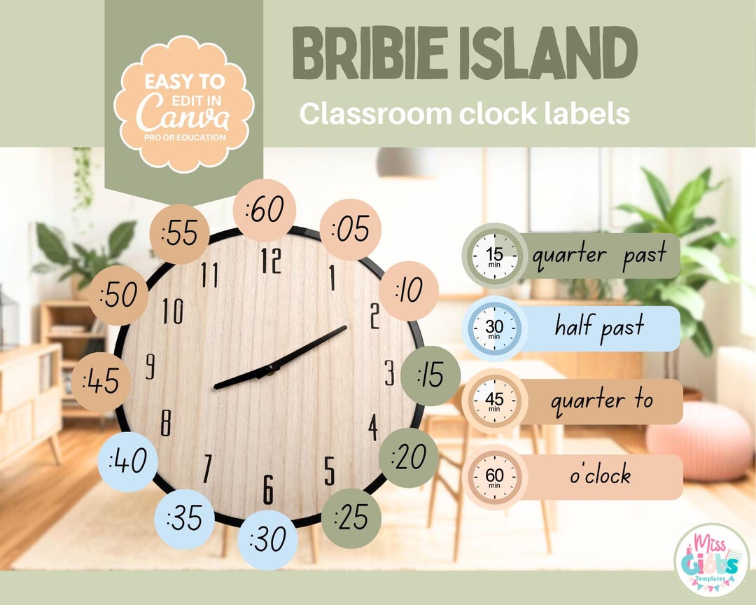 Green and Blue Classroom Clock Labels Modern Classroom Decor Labels ...