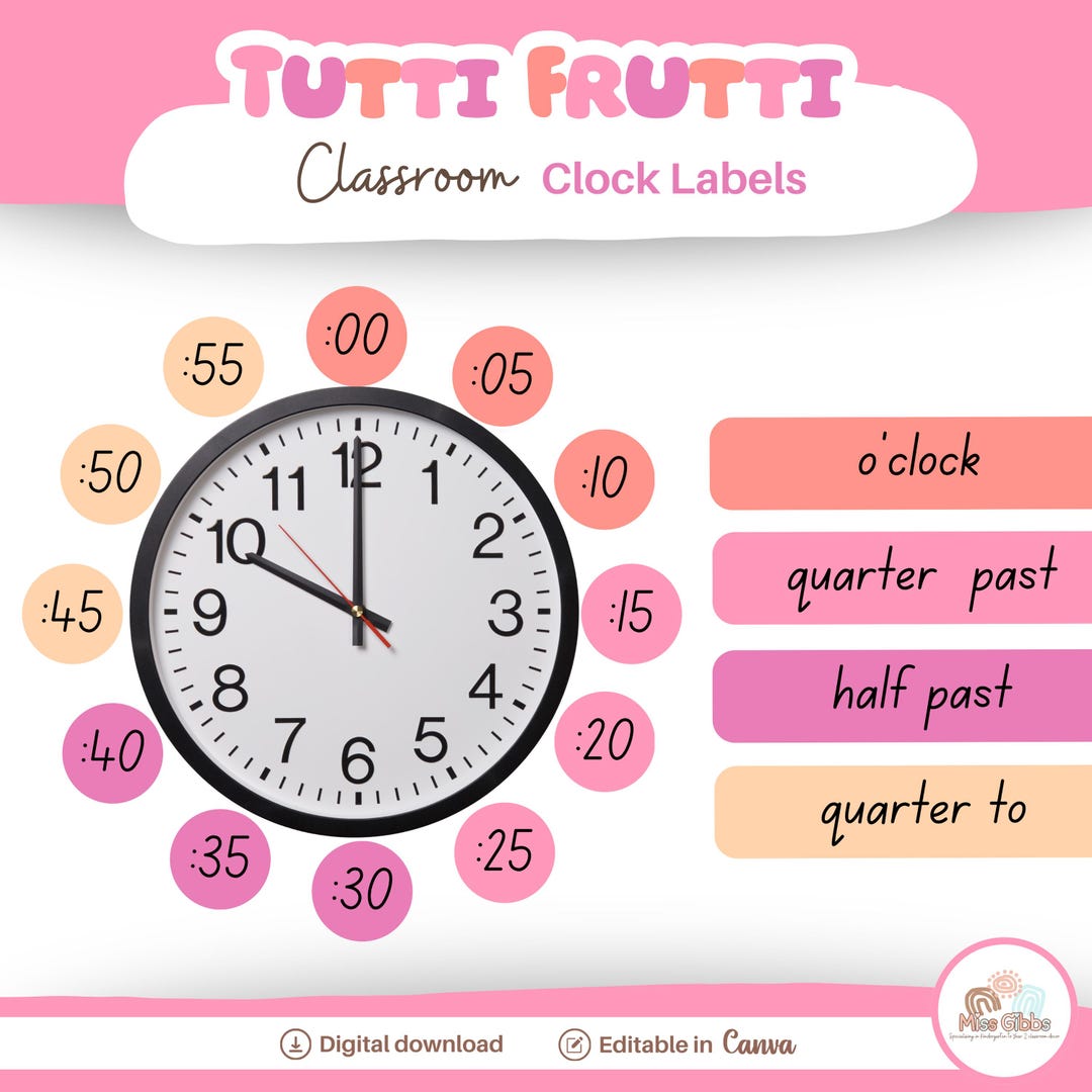 Classroom Clock Labels Telling the Time Modern Classroom Decor Editable ...