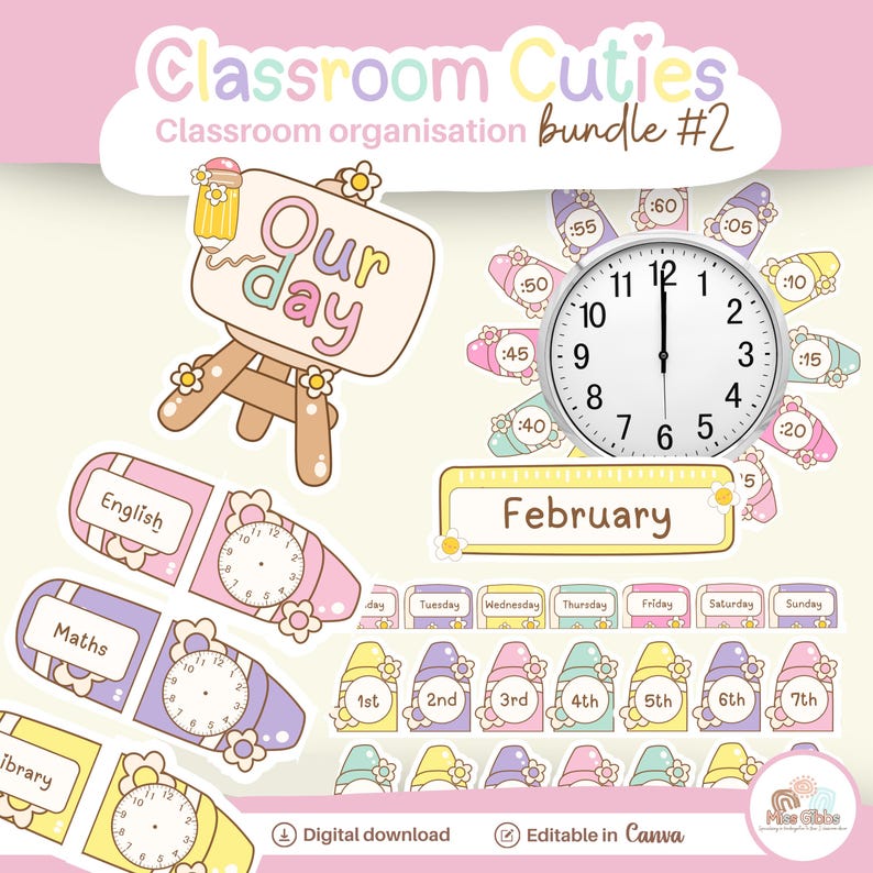 Editable Classroom Calendar Clock Labels and Visual Timetable Modern ...