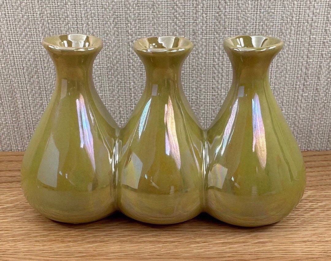 Vintage Triple Bud Vase Green Iridescent Glazed 3 Section - Etsy
