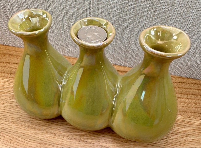 Vintage Triple Bud Vase Green Iridescent Glazed 3 Section - Etsy