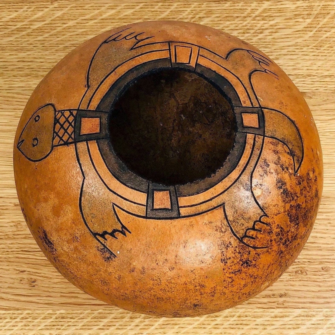 Turtle Patterned Carved Gourd Dyed/painted Art Vessel Signed by the ...