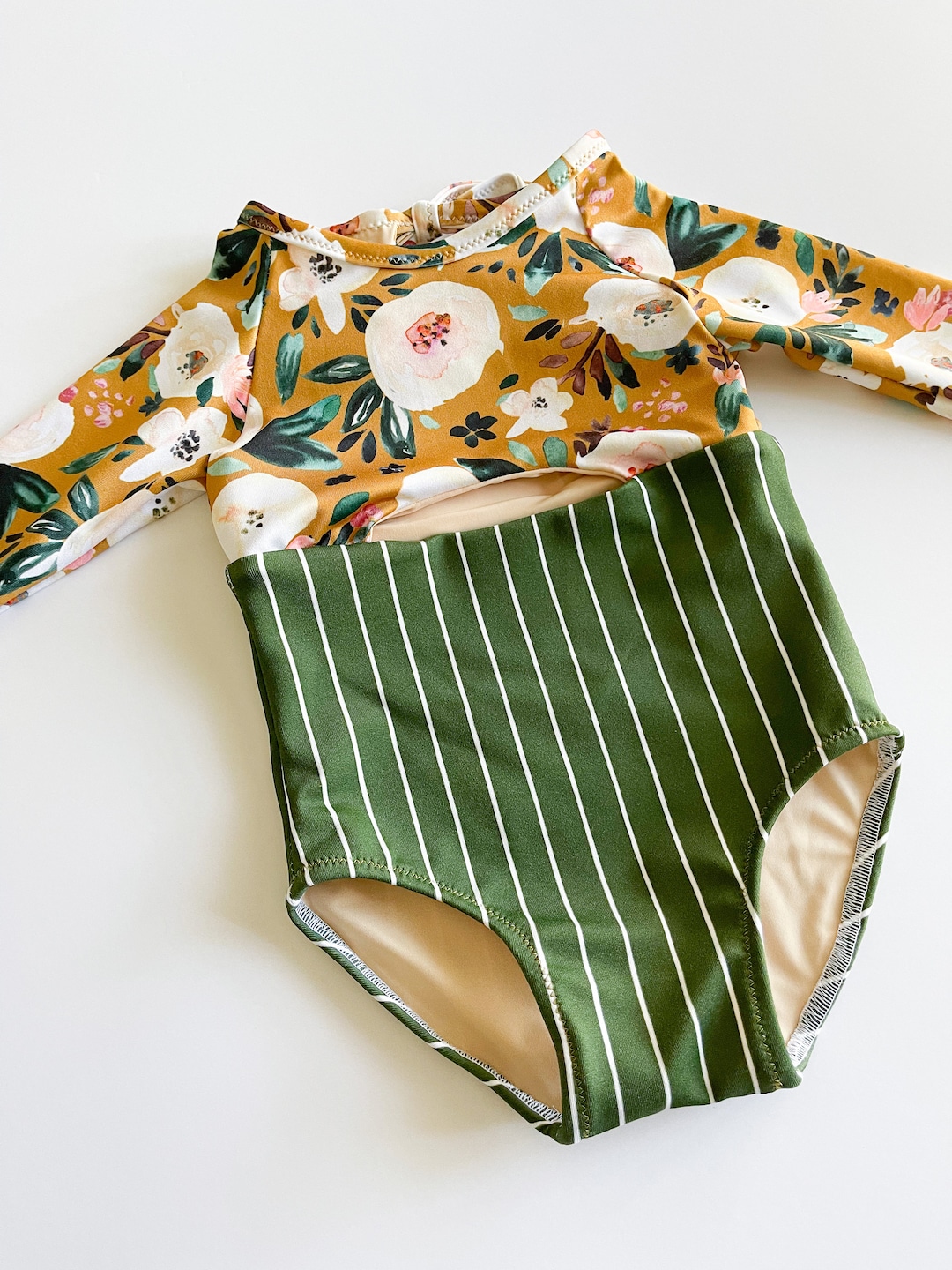 Girls Long Sleeve One Piece Swimsuit// Mustard Floral Rash-guard ...