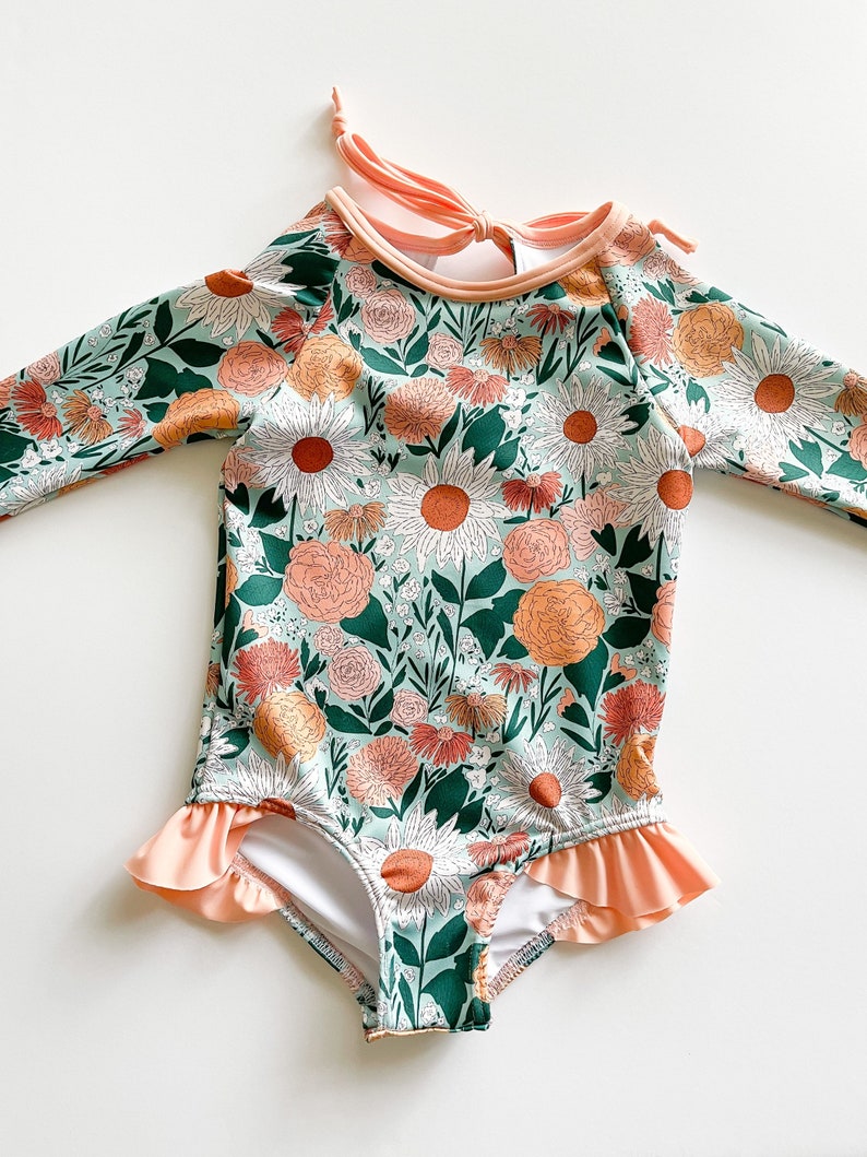 Girls Sunflower Rash-guard Swimsuit// Baby Girl Long Sleeve Bathing ...