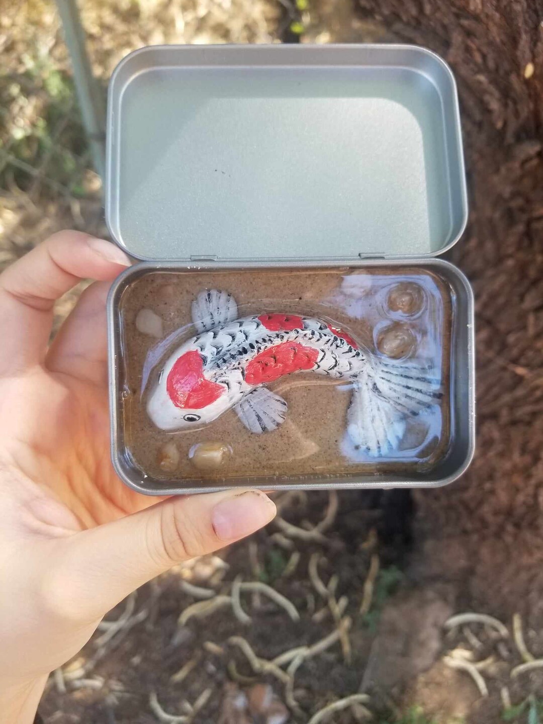 Koi Fish in a Resin Pond Pond in A Tin Polymer Clay Art Resin Art ...