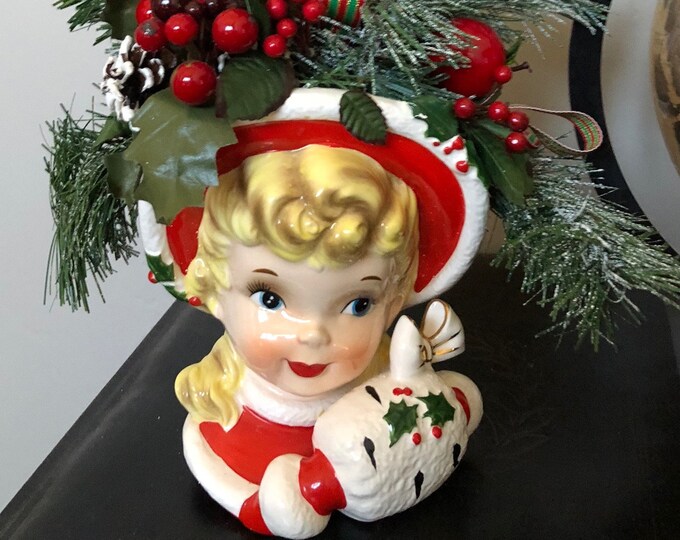 Lefton Christmas Girl Head Vase/head Vase/vintage Headvase/holly Berry ...