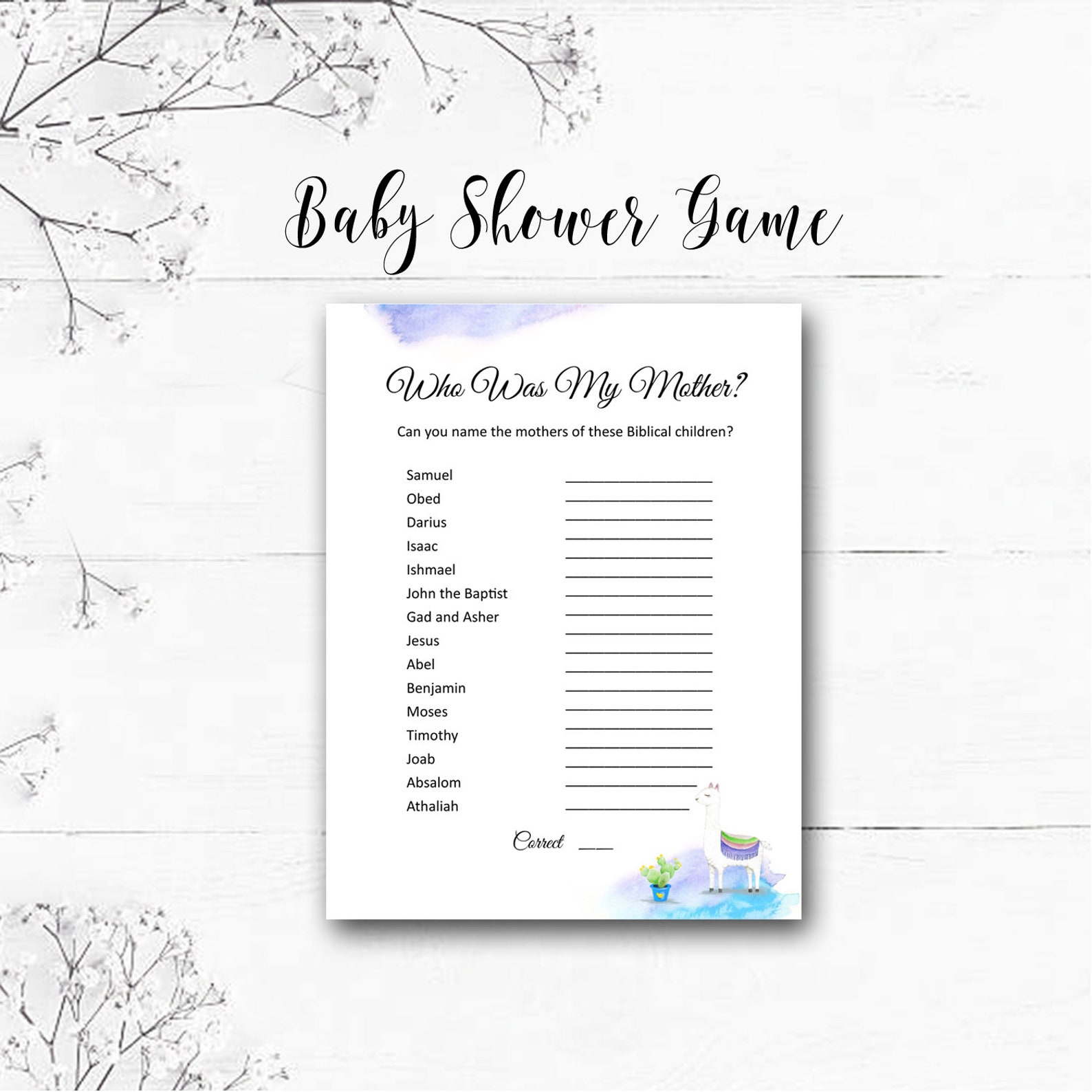 Bible Babies Baby Shower Game, Digital Download, Llama Theme, Original ...