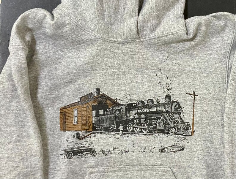Pen & Ink Steam Locomotive and Shed Design,3 Color Screenprint on Youth ...
