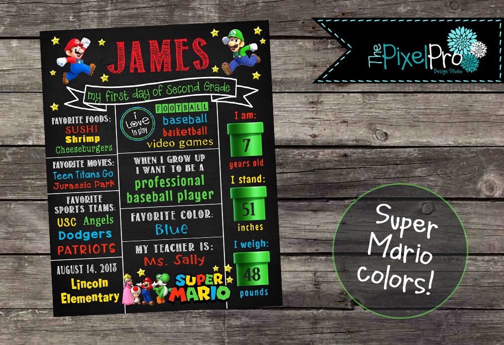 Super Mario First Day of School Sign Super Mario Back to | Etsy