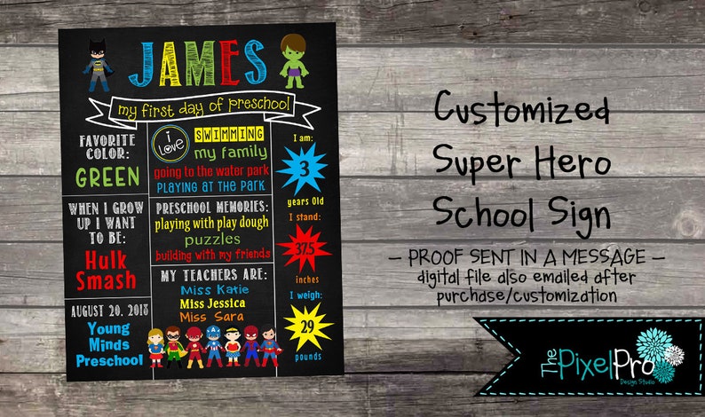 Super Hero First Day of School Sign, Customizable Information Poster ...