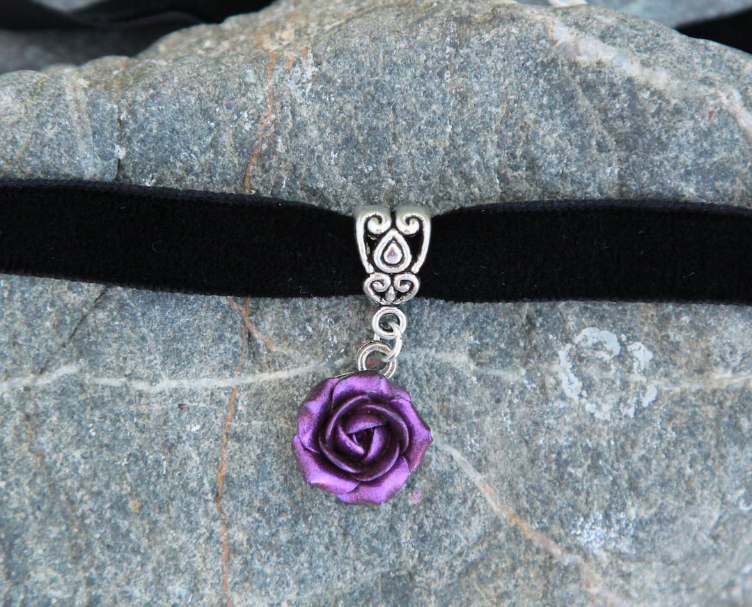Purple Rose Black Velvet Choker, Handmade Polymer Clay Flower - Etsy