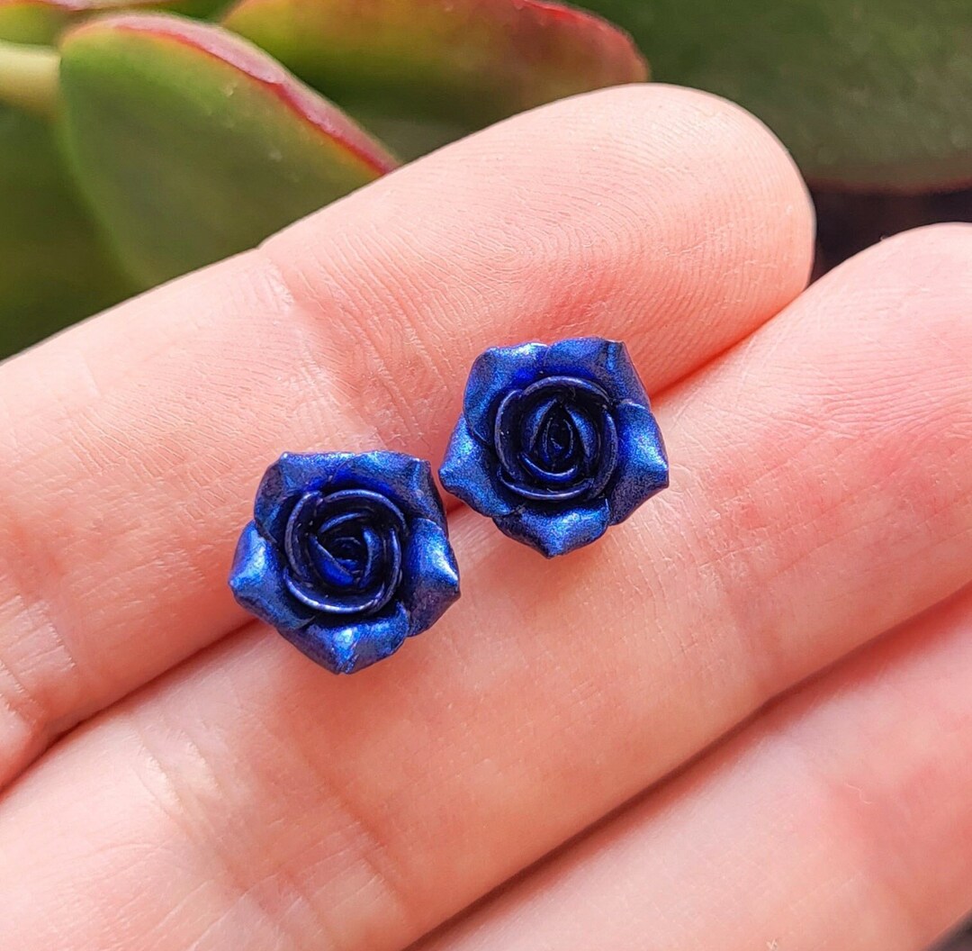 Navy Blue Rose Earrings Stud, Polymer Clay Flower Earring, Dark Blue ...