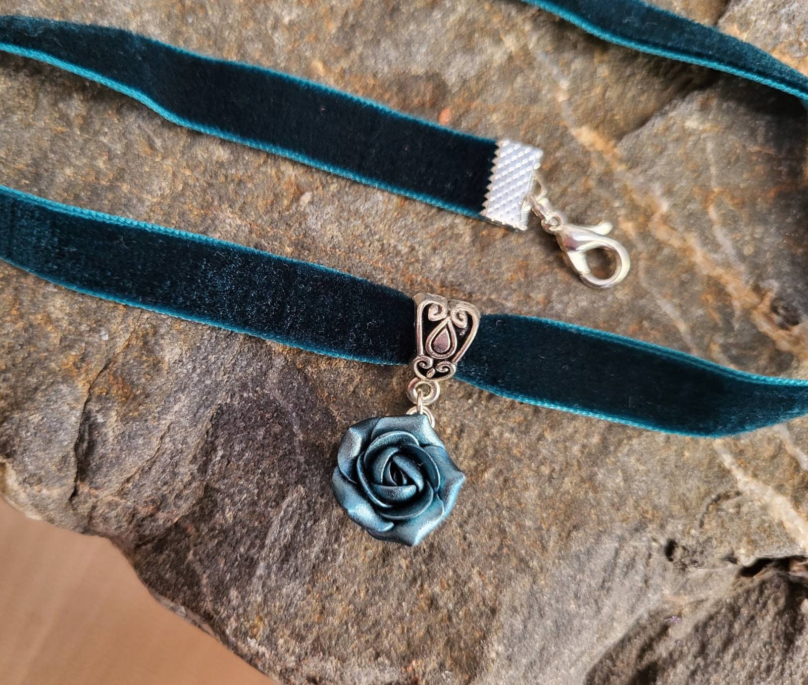 Dark Teal Velvet Choker, Powder Blue Polymer Clay Rose Pendant - Etsy