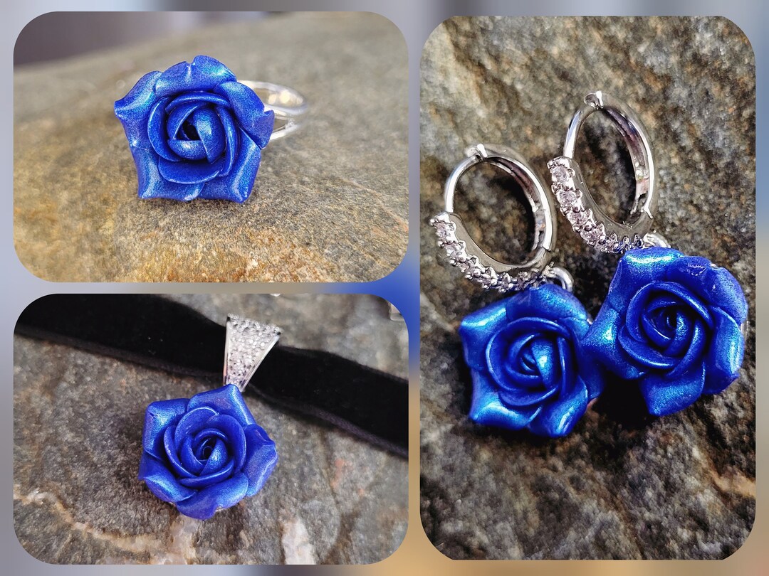 Blue Rose Earrings and Necklace Crystal and Blue Pearl Jewelry Set Rose ...