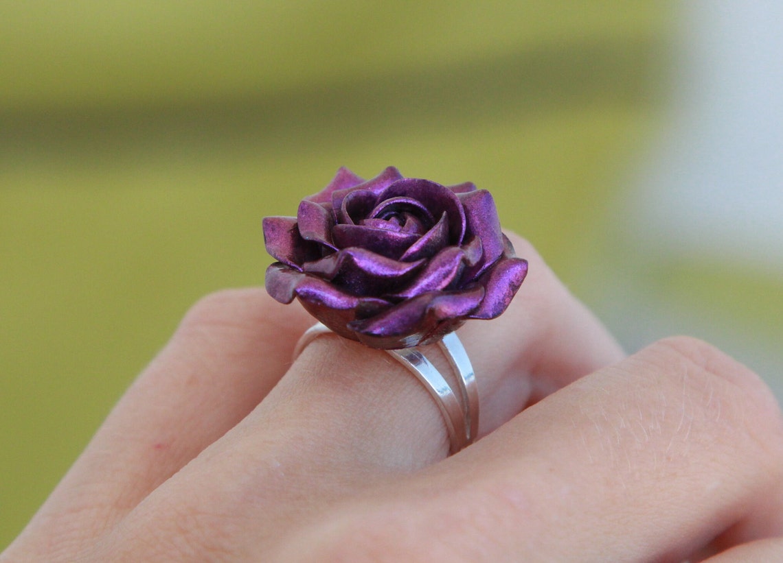 Large Rose Ring Purple Flower Ring Violet Flower Ring Polymer - Etsy