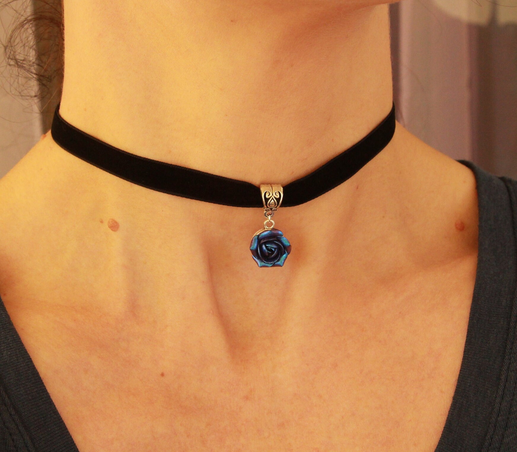 Navy Blue Rose Necklace Collar Choker Velvet for Women - Etsy