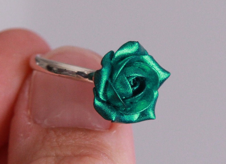 Sparkly Large Green Ring- Emerald Rose Rings Gold - Polymer Clay Flower ...