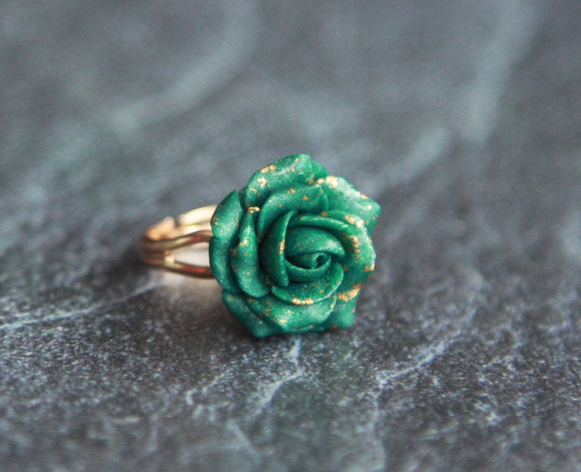Green Rose Ring Polymer Clay Jewelry Pearl Rose Women Rings Floral Ring ...