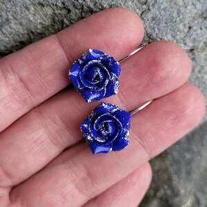 Royal Blue Rose Earrings, Polymer Clay Flower Jewelry, Dangle Drop ...